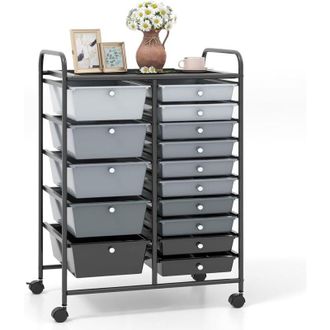 Costway Chariot de Rangement 15 Tiroirs en pp Empilables Amovibles, Tour de Rangement &agrave; Roulette, Cadre en M&eacute;tal, pour &Eacute;cole, Bureau, 63x37x87cm, Noir+Noir