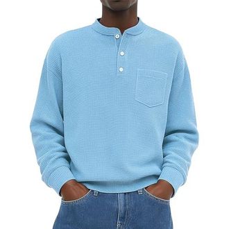 Generic Polo gaufr&eacute; pour homme avec poche de poitrine et col rond - T-shirt Henley grande taille - T-shirt &agrave; bouton 1/4 - Coupe confortable - Couleur unie - P