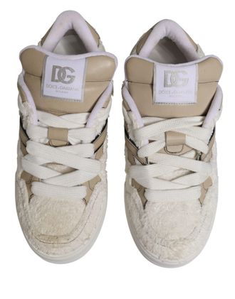 Dolce & Gabbana Mens White Beige Faux Shearling Low Top Sneakers Shoes Leather