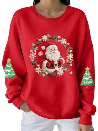 Generic Chandail de Noël à col ras du cou pour femme - Motif Père Noël moche - Haut à manches longues, Z06-rouge, XXL