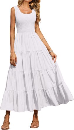 PrettyGarden Damen 2023 Casual Lose Einfarbig Maxi Sommerkleid Gesmokt Tank Kleid Ärmellos Sommer Strand Stufened Lange Kleider, Weiss/opulenter Garten, Mittel