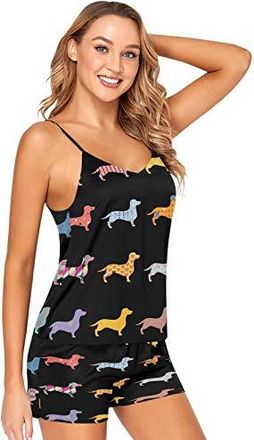 Mnsruu Pyjama noir pour femme en satin avec motif teckel - Multicolore - M