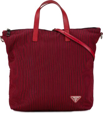 Prada Red Striped Tessuto Stampato Tote Bag