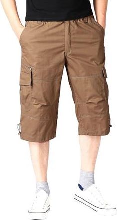 Generic Short Cargo 3/4 pour Homme, Coupe décontractée, en Coton, pour randonnée, avec 7 Poches, Taille élastique, entraînement en Plein air, Course à Pied