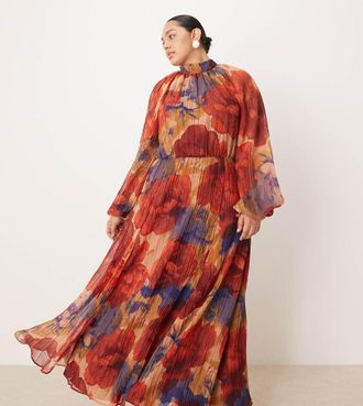 Asos Curve ASOS DESIGN Curve - Robe longue plissée en tissu effet froissé à fleurs avec col montant et manches blousons - Rouge et bleu-Multicolore