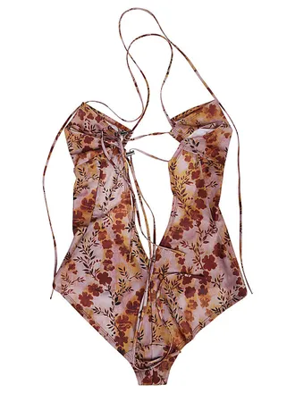 Charlotte Knowles Floral Print Side-Lacing One-Piece Swimsuit - Mauve