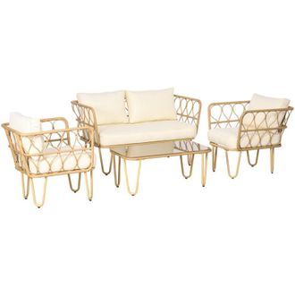 OUTSUNNY Salon de jardin 4 places 4 pi&egrave;ces style colonial r&eacute;sine tress&eacute;e aspect rotin coussins &eacute;crus