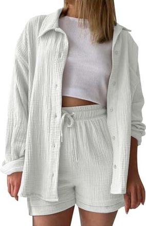 Generic Chemisier long en mousseline pour femme - Chemisier long surdimensionn&eacute; - L&eacute;ger et a&eacute;r&eacute; - Couleur unie - Chemise en coton et lin - Chemise &eacute;l&eacute;gante &agrave; 