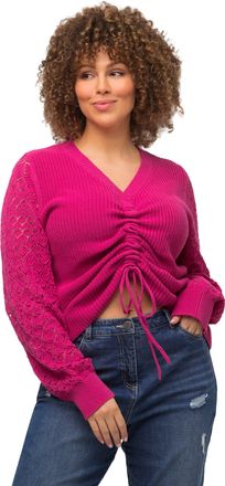 Ulla Popken Damen große Größen Übergrößen Plus Size Pullover, Raffband, Patentstrick, V-Ausschnitt, Langarm Fuchsia pink 50+ 815642810-50+