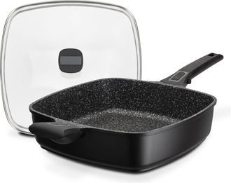 GSW 168427 Brat- und Servierpfanne EASY CLICK Quadura mit Glasdeckel und Gegengriff, Aluminium, schwarz - 24 x 24 cm