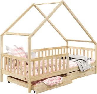 IDIMEX Alva Einzelbett Asymmetrisches Holzkabinenbett 90 x 190 cm Montessori mit Stauraum 2 Schubladen Massive Kiefer mit Natur-Finish