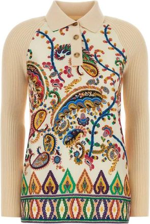 Etro Femme, Tops, Beige, Taille: 36 FR Polo &agrave; Manches Longues en Maille de Coton avec Insert en Soie