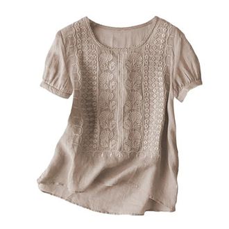 Generic Chemise en lin pour femme habill&eacute;e d&eacute;contract&eacute;e r&eacute;tro broderie fleur hauts &agrave; manches courtes boh&egrave;me d&eacute;t&eacute; tendance tunique fluide, marron, 3XL