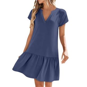 Generic Robe d&eacute;t&eacute; d&eacute;contract&eacute;e &agrave; manches courtes pour femme - Col en V - Volants - Taille profonde - Robe courte fluide - Robe en laine, bleu fonc&eacute;, XXL