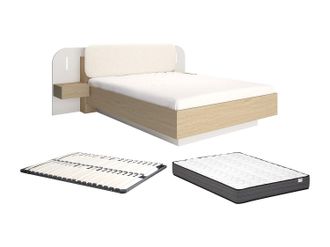 Vente-Unique Bett mit Nachttischen 160 x 200 cm - Mit LEDs - Beige und Naturholz + Lattenrost + Matratze - LYORIMA