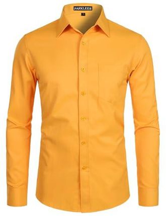 PARKLEES Chemise habill&eacute;e &agrave; manches longues pour homme, coupe ajust&eacute;e, style d&eacute;contract&eacute;, business ou formel, &agrave; boutons avec poche, or jaune, XL
