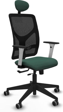 Piqueras y Crespo B&uuml;rostuhl mit wei&szlig;en und schwarzen Armlehnen, h&ouml;henverstellbarer Lendenwirbelst&uuml;tze und festem Kopfteil, ausgestattet mit Syncro/Traslack. Schwarz/Fla