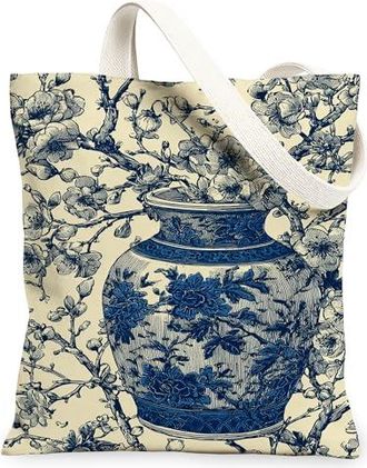 Generic Sacs fourre-tout en toile &agrave; motif floral, sacs de courses r&eacute;utilisables, &eacute;l&eacute;gants, l&eacute;gers et lavables avec bandouli&egrave;re, bleu, 13x15 Inch