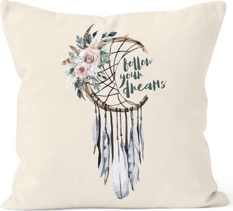 Autiga Kissenbezug Traumf&auml;nger Dreamcatcher Follow Your Dreams Spruch Blumen Federn Spruch Boho Kissen-H&uuml;lle Deko-Kissen Natur Unisize