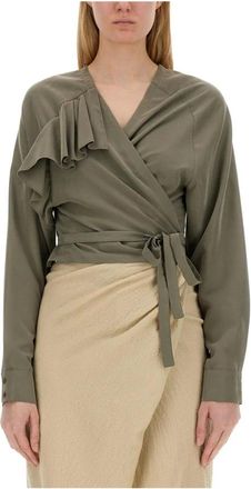 Alysi Femme, Blouses et Chemises, Vert, Taille: 38 FR Chemisier &agrave; Manches Longues Volant&eacute; et Crois&eacute;