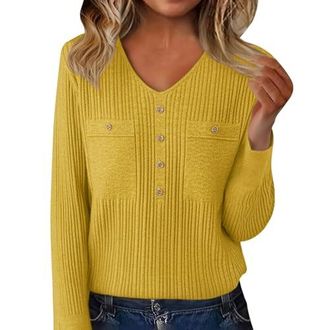 Generic Pull pour femme - Col en V - Fente sur le devant - Bouton - Coupe ajust&eacute;e - Haut en tricot &agrave; manches longues - Doux et confortable - &Eacute;l&eacute;gant chemisier