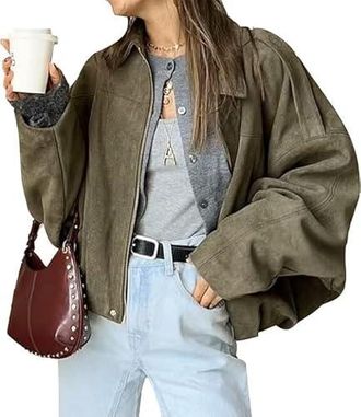 Generic Blouson bomber en daim synth&eacute;tique pour femme, d&eacute;contract&eacute;, l&eacute;ger, ample, veste &eacute;l&eacute;gante avec col &agrave; revers, vert militaire, L
