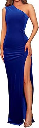 Generic 2026 Robes amincissantes printemps et &eacute;t&eacute; europ&eacute;en pour femmes sans velours fente d&eacute;paule robe longue mince pour femmes, bleu, XXL