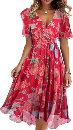 Onsoyours Femme Été Robe en Mousseline Col en V Élégant Au Genou Cocktail Soirée Robes Manches Courtes À Fleur Imprimé Mariage Invités Festival Dress A Ligne Lo