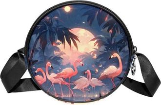 Generic Sac &agrave; bandouli&egrave;re rond pour femme, motif flamants roses, petit sac &agrave; bandouli&egrave;re avec fermeture &eacute;clair, bretelles r&eacute;glables, sac &agrave; main rond d&eacute;contrac