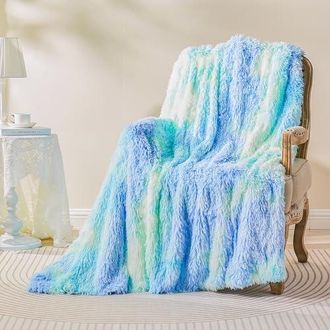 Emme Fausse Fourrure Couverture Moelleuse, 150 x 200cm Tie Dye Bleu Turquoise, Super Douce, Pelucheuse, &Eacute;paisse et &Eacute;l&eacute;gante, Couverture Shaggy &agrave; Longs Poil