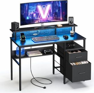 Vasagle Bureau Gaming, avec Tiroirs en Tissu, Table Informatique avec Support d&Eacute;cran, Lumi&egrave;res LED, 55 x 120 x 90 cm, Multiprise, 2 Ports USB, pour Bureau &agrave; D