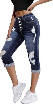Onsoyours Pantacourt Femme Été Jean Capri Confort Stretch 3/4 Pantalon Taille Haute Décontracté Jeggings en Denim Pants Capri Pantacourt D Bleu Foncé XXL