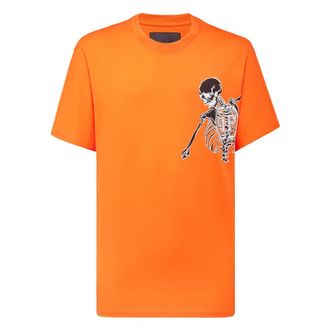 Philipp Plein Homme, Tops, Orange, Taille: 4XL T-Shirt Col Rond Skeleton