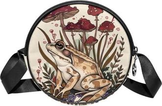 Generic Sac &agrave; bandouli&egrave;re rond pour femme, grenouille, champignons, plantes, petit sac &agrave; bandouli&egrave;re avec fermeture &eacute;clair, bretelles r&eacute;glables, sac &agrave; main ro