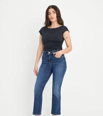 Good American Petite weiche Tech Straight-Leg-Jeans in mittlerer blauer Waschung