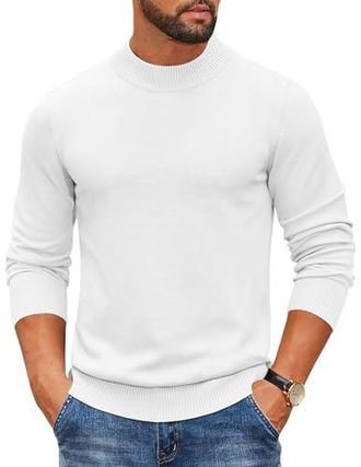 Coofandy Pull pour Homme &agrave; Col Rond et Manches Longues Pull &agrave; Col Roul&eacute; Tricot&eacute; Mock Turtleneck Sweater Pull L&eacute;ger Blanc L