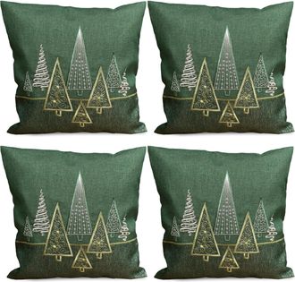 Matches 21 Kissenbezug 40x40 cm Weihnachten dunkelgrün mit Tannenbaum - 4er Set Kissenhüllen als Weihnachtsdeko