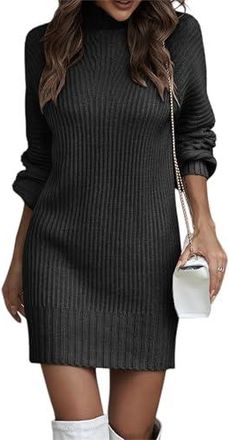 Generic Mini robe pull &agrave; col roul&eacute; et manches longues en tricot c&ocirc;tel&eacute; chaud extensible et manches chauve-souris surdimensionn&eacute;e pour lhiver, Noir, XL