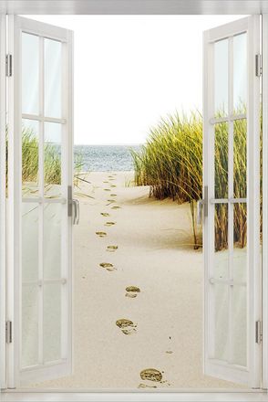 Wallario Poster - Spuren im Sand- Fußspuren durch die Düne zum Meer in Premiumqualität, Größe: 61 x 91,5 cm mit Fenster-Illusion (Maxiposter)