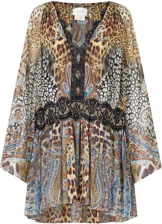 Camilla Femme, Robes, Multicolore, Taille: 36 FR Robe Courte D&eacute;contract&eacute;e en Soie avec Taille Basse - Istanbul Animalia