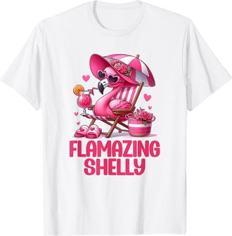 BDAZ Flamazing Shelly Pink Flamingo Tropical Beach Trip Damen T-Shirt