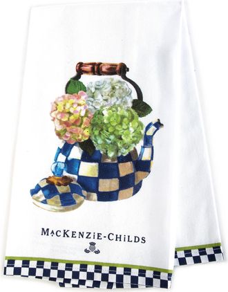 MacKenzie-Childs Geschirrtuch aus Baumwolle, niedliches dekoratives Küchen-Geschirrtuch für Reinigung und Heimdekoration, 1 Stück, Hortensien-Teekessel