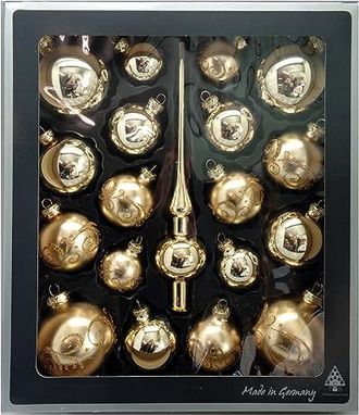 Thüringer Glasdesign Kugel Set aus Glas inkl. Aufhänger und Spitze, Glanz und matt, Christbaumkugeln, Christbaumschmuck, Dekoration, Honig/Gold