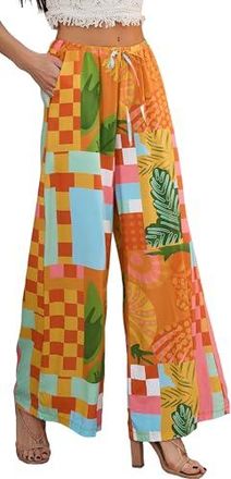 Feoya 2025 Pantalon Bohème Femme Ete Pantalon Palazzo Chic Taille élastique Motif Hippie Maison XL