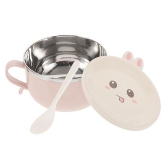 BESTONZON Edelstahl Doppelschicht Instant Nudeln Sch&uuml;ssel mit Deckel und L&ouml;ffel Cartoon Lunchbox Lebensmittel Isolierbeh&auml;lter (Pink)