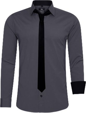 Rusty Neal Herren-Hemd Premium Slim Fit Langarm Stretch Kontrast Hemd mit Krawatte Business-Hemden Outfit Freizeithemd Set 44_99, Gr&ouml;&szlig;e:2XL, Farbe:Anthrazit