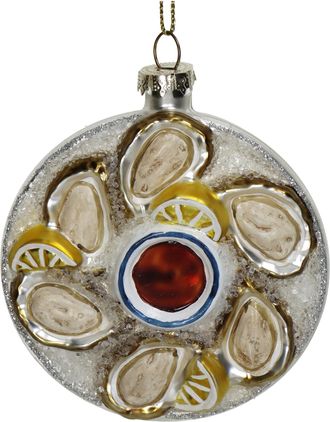 HD Collection Christbaumschmuck Glas 10,2cm - Austernplatte Figur zum Aufh&auml;ngen - handbemalt & mit Glitzer - Weihnachtsbaum Anh&auml;nger f&uuml;r Weihnachten - Christbaumanh