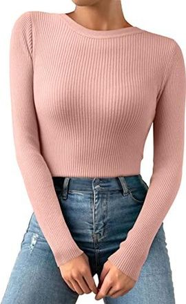 Generic Femmes Casual Multicolore Basique Col Rond Couleur Unie Tricot Manches Longues Body Top Thermique Manches Longues Femmes, rose, Taille unique