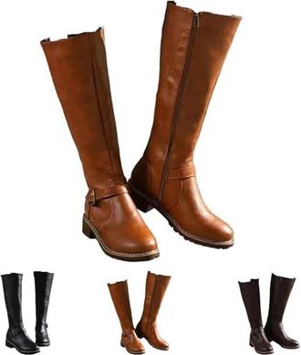 Generic Bottes dhiver longues pour femme, talon bas, style d&eacute;contract&eacute;, bout rond, longueur genou, chaussures &agrave; boucle occidentale avec fermeture &eacute;clair lat&eacute;r