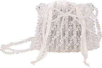 Generic Petit sac à main avec noeud creux et perles tissées à la main, exquis, élégant et brillant, pour femme, porte-monnaie (blanc)